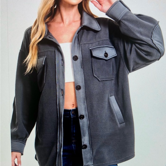 Zenana Outfitters | Tops | Shacket Dark Grey Zenana Fleece Button Down ...
